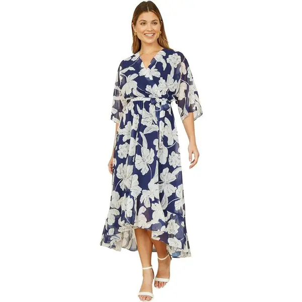 YUMI Floral Print Midi Wrap Dress - Navy