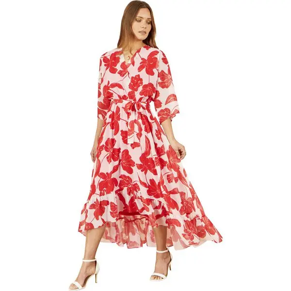YUMI Floral Print Midi Wrap Dress - Red