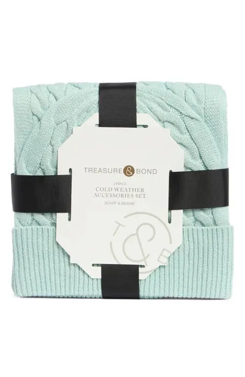 Treasure & Bond Cable Knit Scarf & Beanie Set - Teal Surf