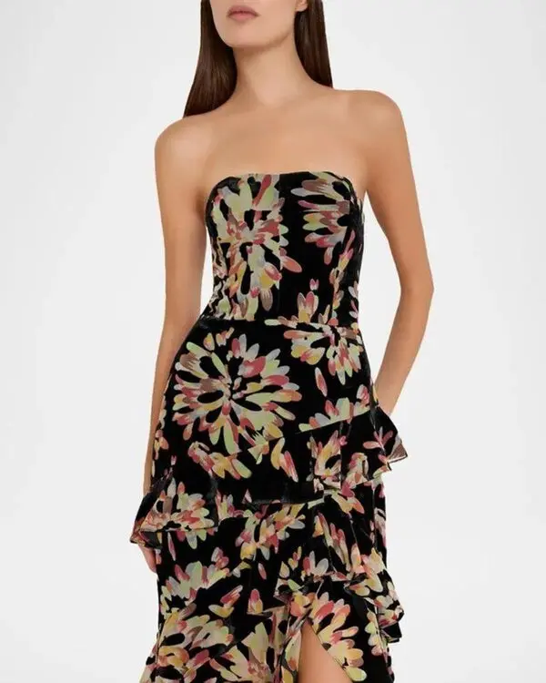 MILLY Raelynn Burnout Velvet Ruffle Maxi Dress - Black Mult