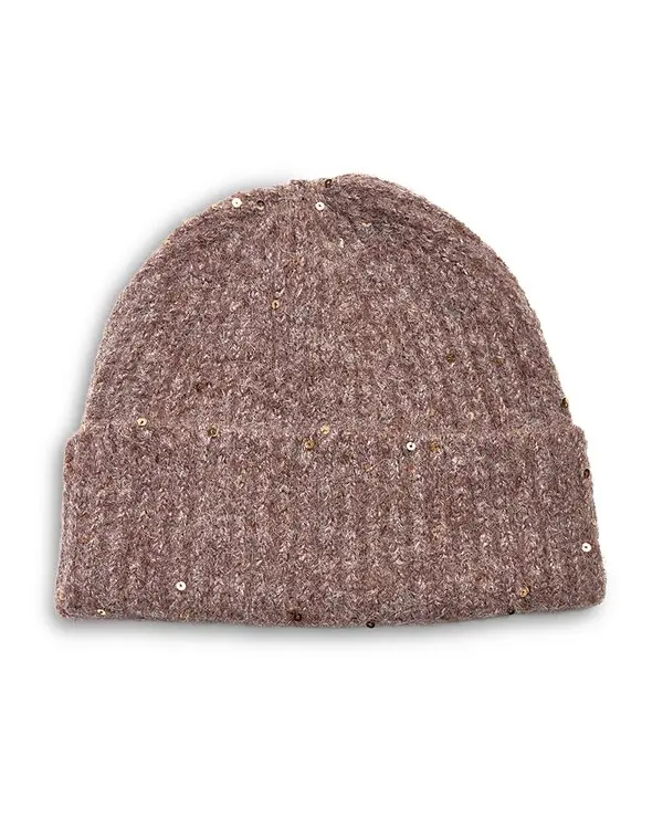 Jocelyn Sequined Rib Knit Cuffed Beanie - Mocha
