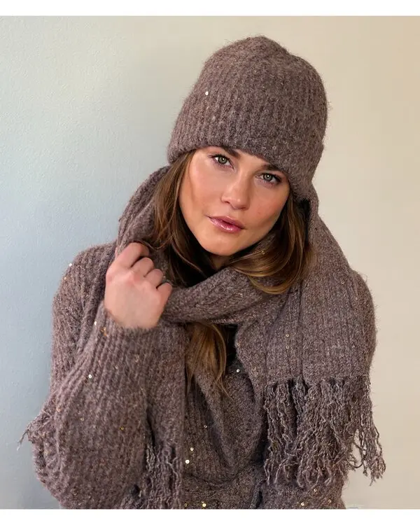 Jocelyn Sequined Rib Knit Cuffed Beanie - Mocha