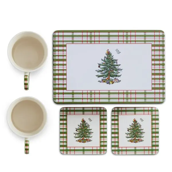 SPODE 5 Piece Christmas Tree Mug & Coaster Set