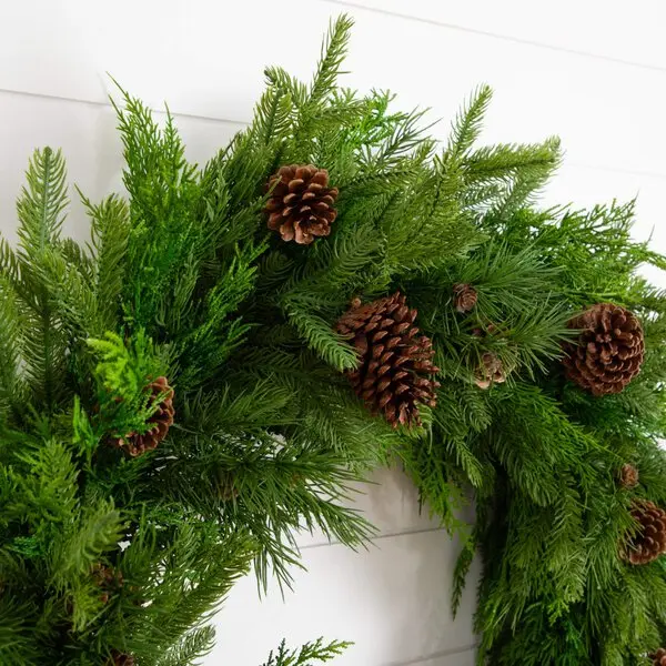 NEARLY NATURAL Artificial Norfolk Mixed Pine 30 Wreath With Pinecones