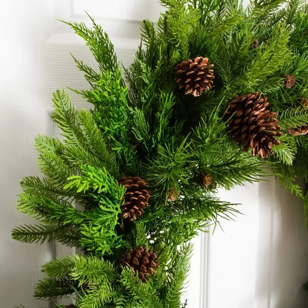 NEARLY NATURAL Artificial Norfolk Mixed Pine 30 Wreath With Pinecones