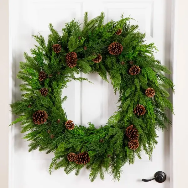 NEARLY NATURAL Artificial Norfolk Mixed Pine 30 Wreath With Pinecones