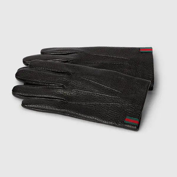Gucci Grainy Leather Gloves With Web Detail