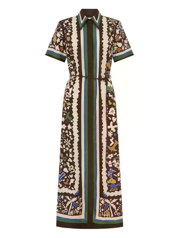 ALEMAIS Maroc Dress Printed Maxi Shirt Dress With Collar And Belt - Brown