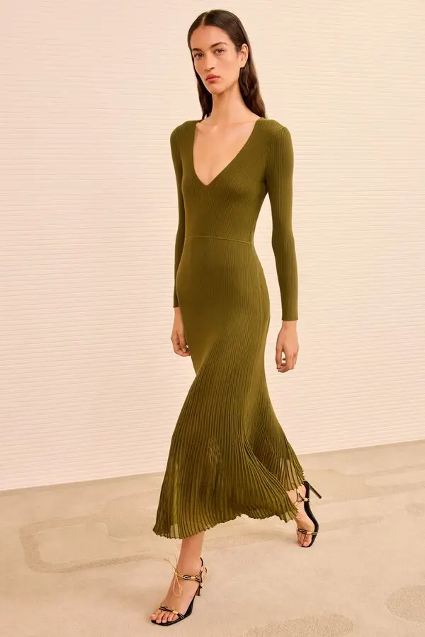 Ulla Johnson Zeda Pleated Metallic Ribbed-Knit Midi Dress - Olive |  Editorialist
