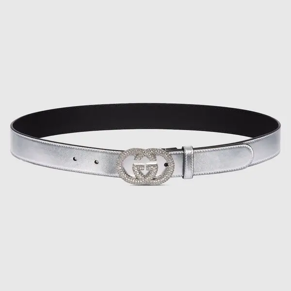 Gucci Thin Belt With Crystal Interlocking G Buckle - Silver