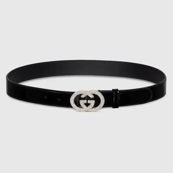 Gucci Thin Belt With Crystal Interlocking G Buckle - Grey