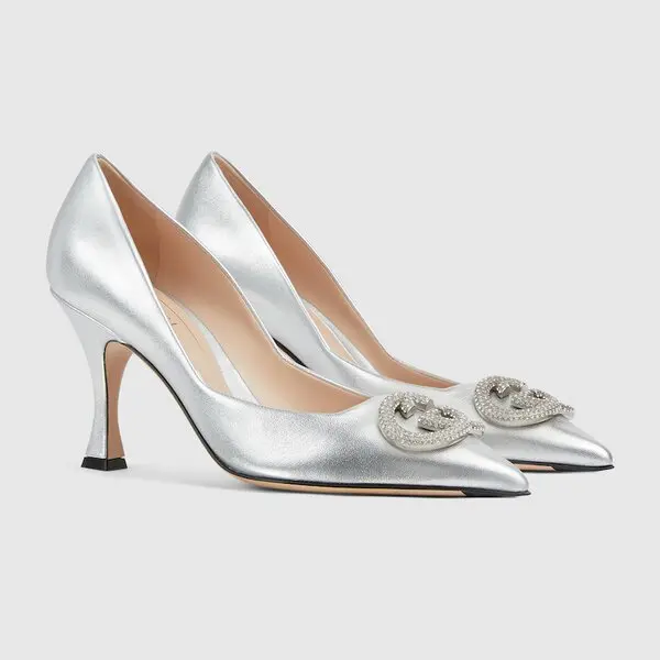 Gucci Pump With Crystal Interlocking G - Silver