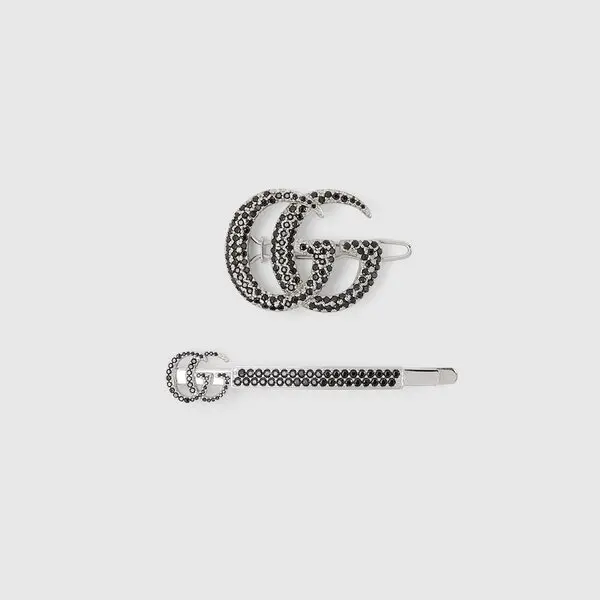 Gucci Double G Hair Slide Set With Crystals - Silver
