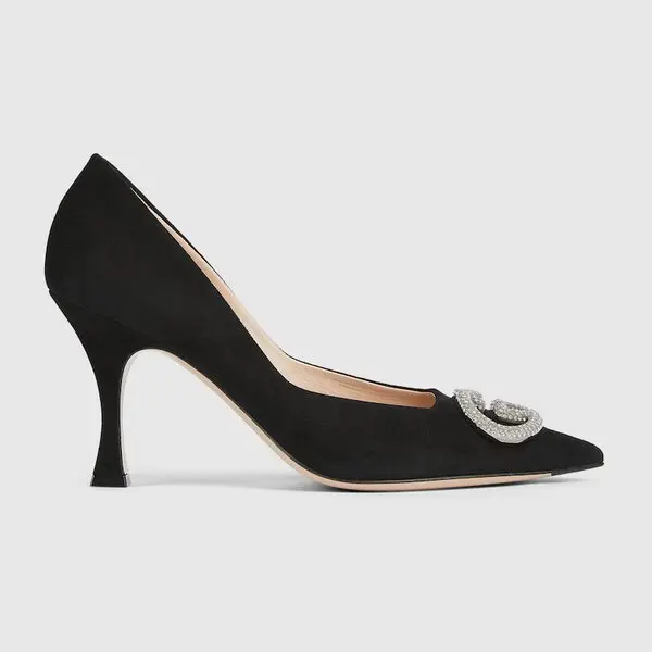 Gucci Suede Pump With Crystal Interlocking G - Black