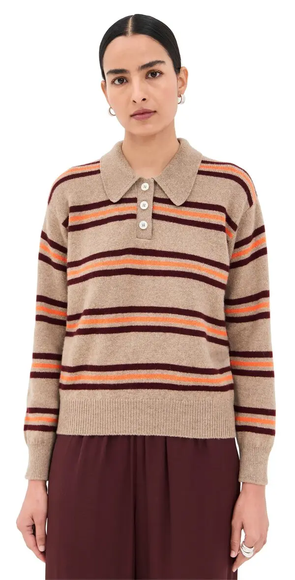 Daughter Edith Striped Polo Sweater In 100% Wool - Dark Natural Stripe