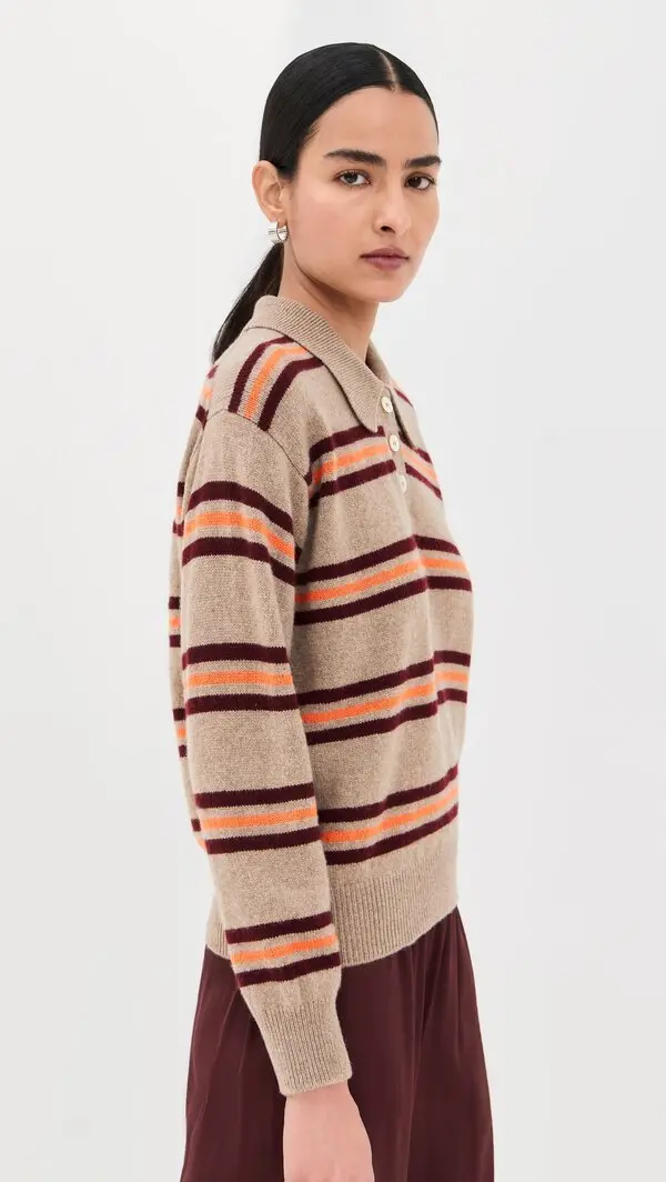 Daughter Edith Striped Polo Sweater In 100% Wool - Dark Natural Stripe