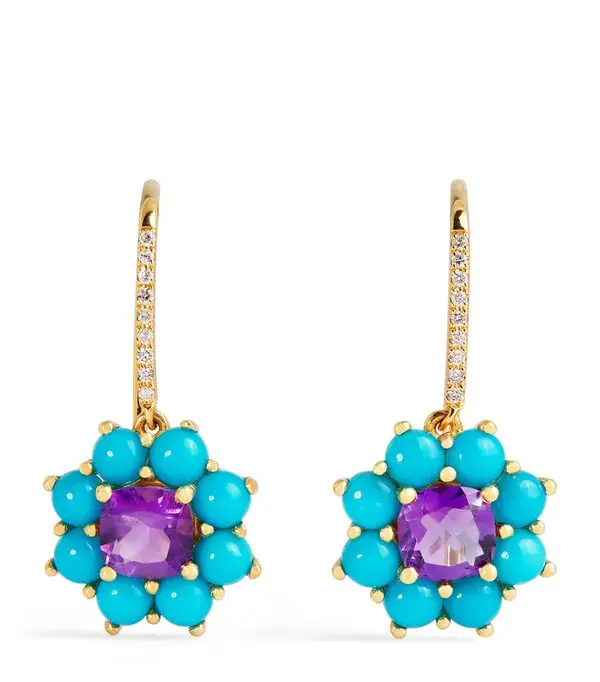 JENNIFER MEYER Yellow Diamond, Turquoise, And Amethyst Flower Drop Earrings - Gold