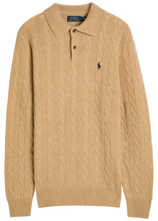 Polo Ralph Lauren Cable-knit Wool And Cashmere-blend Polo Jumper - Camel