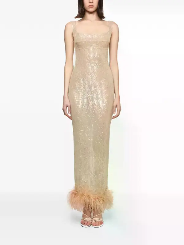 ATU BODY COUTURE Sequined Feather-trimmed Maxi Dress