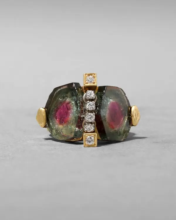 Alexis Bittar Vintage 1970s 18k Ring With Watermelon Tourmaline And Diamond - Gold