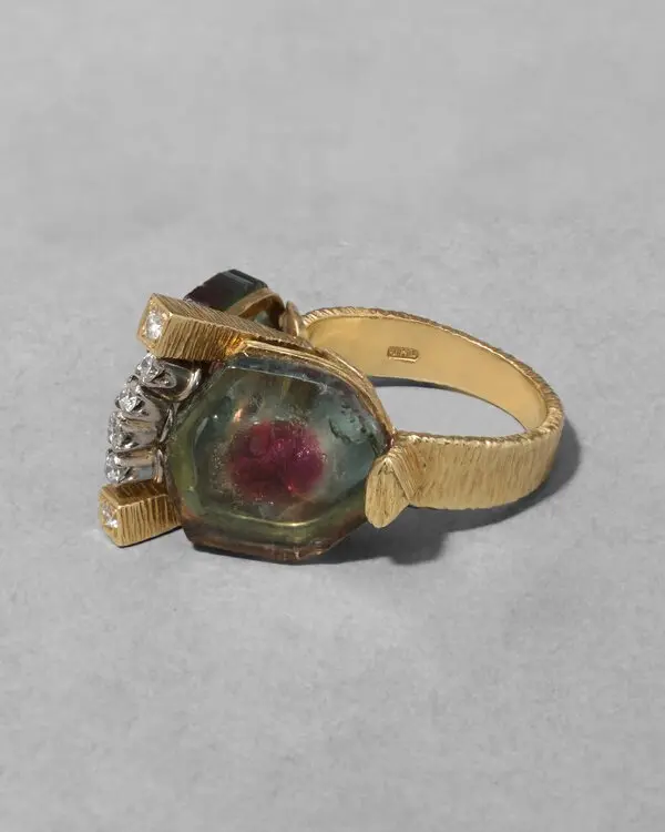 Alexis Bittar Vintage 1970s 18k Ring With Watermelon Tourmaline And Diamond