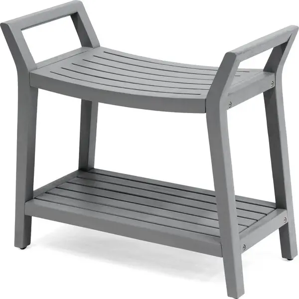 JONATHAN Y Orla 25.6" Modern Classic Slatted Solid Acacia Wood Indoor/outdoor Shower Bench With Shelf And Handle - Gray