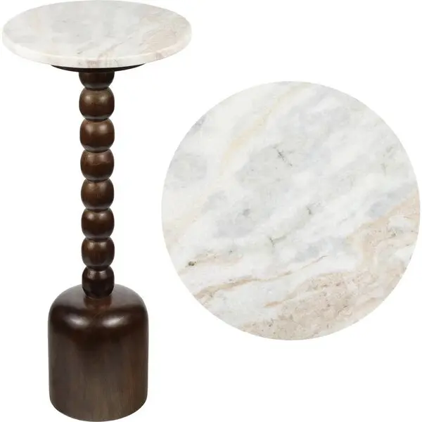 JONATHAN Y Turner 24.5" Designer Cottage Spindle Wood Column Drink Table And Decorative End Table With Marble Round Top - Dark Brown/beige/gray