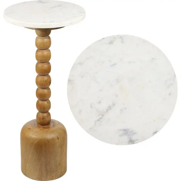 JONATHAN Y Turner 24.5" Designer Cottage Spindle Wood Column Drink Table And Decorative End Table With Marble Round Top - Natural/white