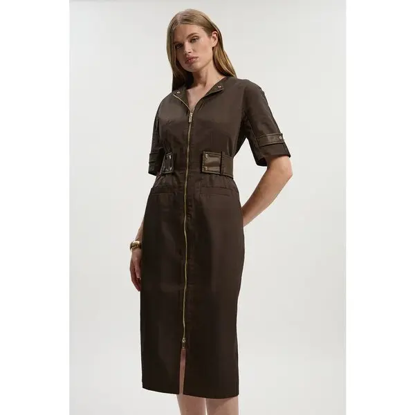 Karen Millen Cotton Utility Midi Dress - Chocolate