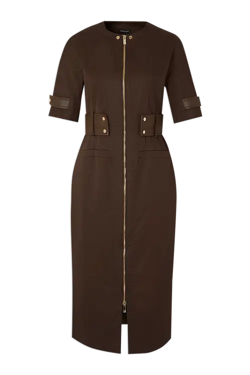 Karen Millen Cotton Utility Midi Dress With Faux Leather Accents
