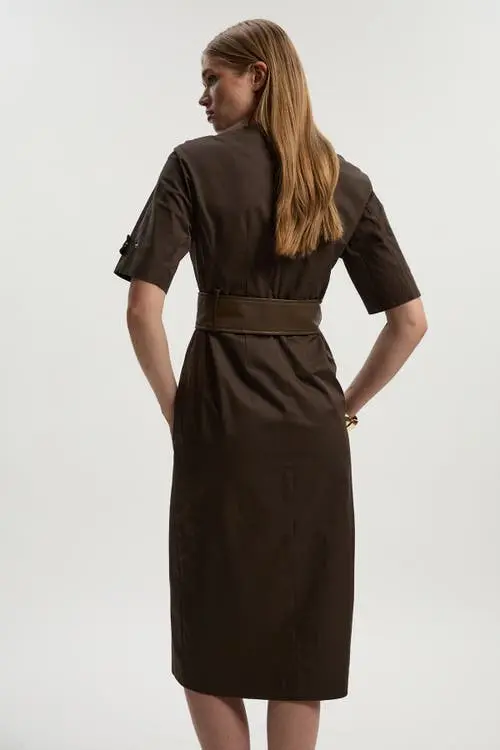 Karen Millen Cotton Utility Midi Dress With Faux Leather Accents
