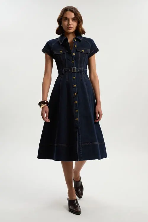 Karen Millen Button-up Belted Denim Midi Dress - Dark Blue