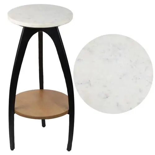 JONATHAN Y Ollie 24.5" Designer Farmhouse Metal Tripod Drink Table And Decorative End Table With White Marble Round Top And Wood Undershelf - Black/natural/white