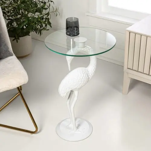 JONATHAN Y Blanche Coastal Flamingo Accent End Table, Round Glass Top Iron Base