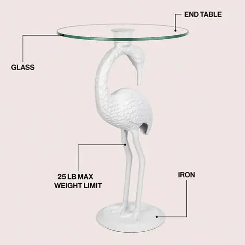 JONATHAN Y Blanche Coastal Flamingo Accent End Table, Round Glass Top Iron Base
