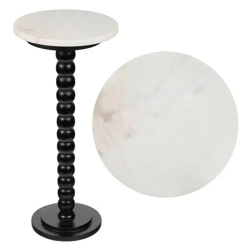 JONATHAN Y Monroe 24.25" Rustic Farmhouse Spindle Wood Drink Table And Decorative End Table With White/beige Marble Round Top - Black/white