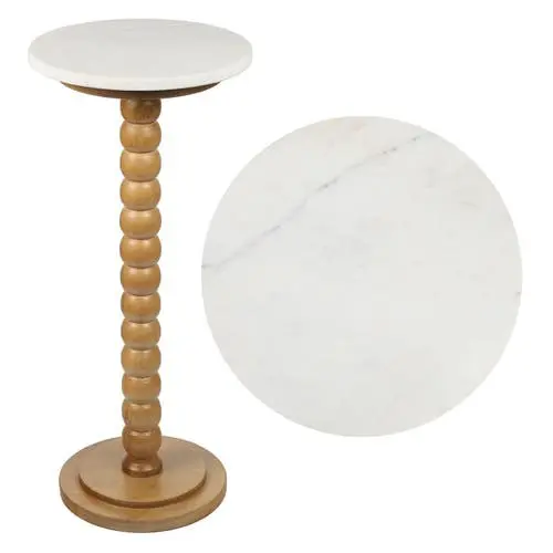JONATHAN Y Monroe 24.25" Rustic Farmhouse Spindle Wood Drink Table And Decorative End Table With White/beige Marble Round Top - Natural/white
