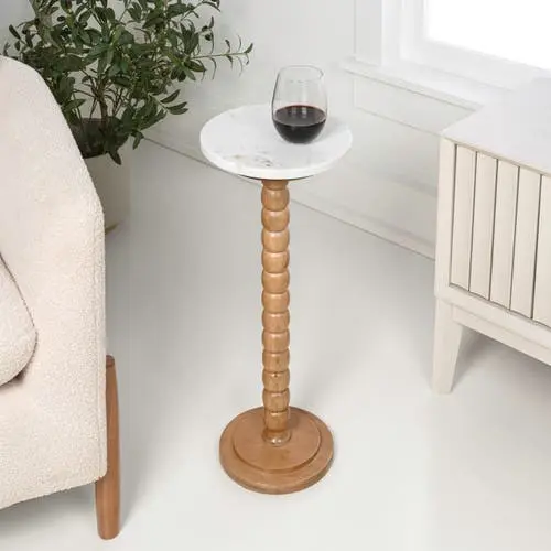 JONATHAN Y Monroe Farmhouse Wood Drink Table, Marble Round Top Bobbin Spool Pedestal Base - Natural/white