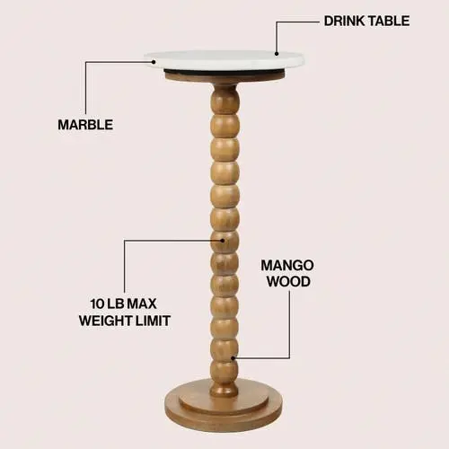 JONATHAN Y Monroe Farmhouse Wood Drink Table, Marble Round Top Bobbin Spool Pedestal Base - Natural/white