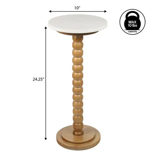 JONATHAN Y Monroe Farmhouse Wood Drink Table, Marble Round Top Bobbin Spool Pedestal Base - Natural/white