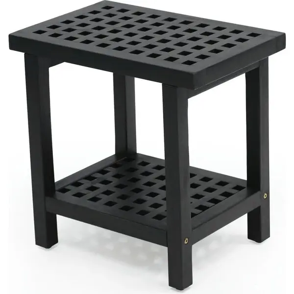 JONATHAN Y Armin 18.1" Modern Classic Grid Slat Solid Acacia Wood Indoor/outdoor Shower Stool - Black