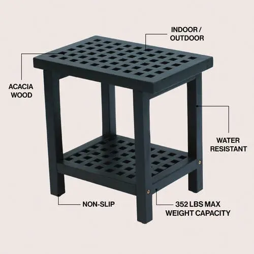 JONATHAN Y Armin Modern Acacia Wood Shower Stool With Storage Shelf, Heavy Duty Slatted Bath Spa Bench For Bathroom - Black