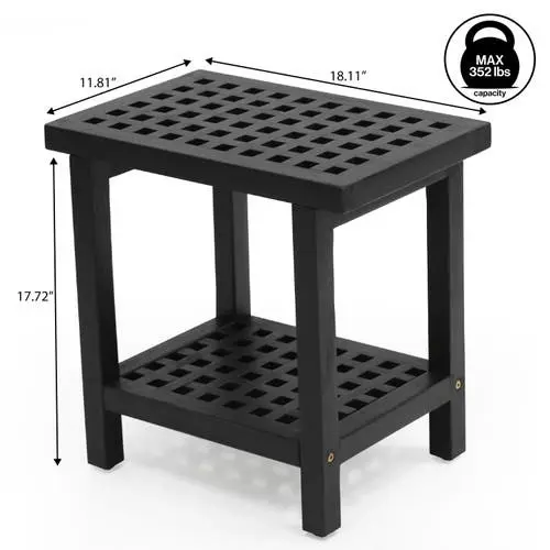 JONATHAN Y Armin Modern Acacia Wood Shower Stool With Storage Shelf, Heavy Duty Slatted Bath Spa Bench For Bathroom - Black