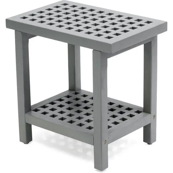 JONATHAN Y Armin 18.1" Modern Classic Grid Slat Solid Acacia Wood Indoor/outdoor Shower Stool - Gray