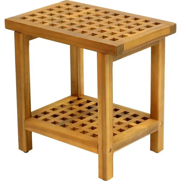 JONATHAN Y Armin 18.1" Modern Classic Grid Slat Solid Acacia Wood Indoor/outdoor Shower Stool - Natural