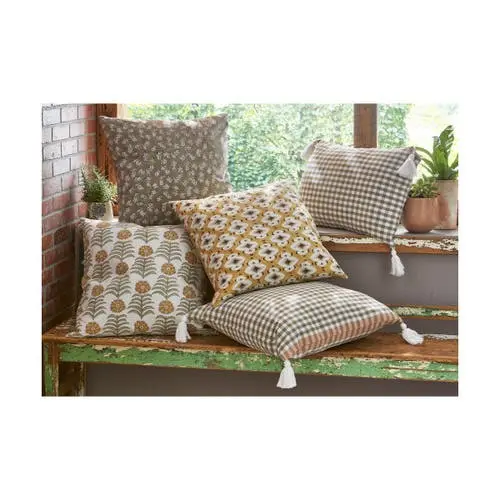 TAG Black Honeysuckle Block Print Cotton Throw Pillow Accent