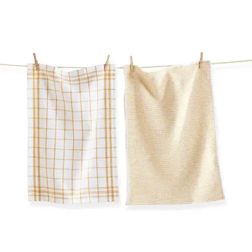 TAG Classic Moss Green Cotton Dishtowel Set Of 2 Checked Solid - Yellow
