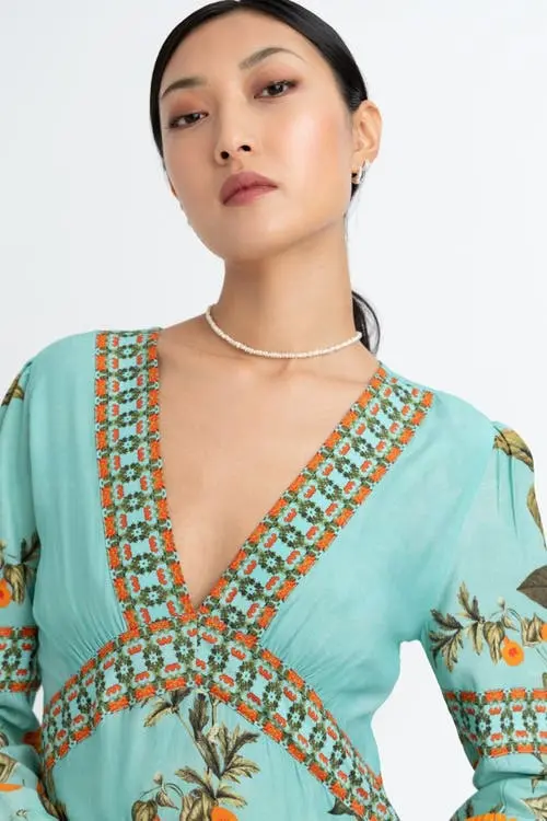 RAISHMA Floral Print Viscose Crepe Midi Dress