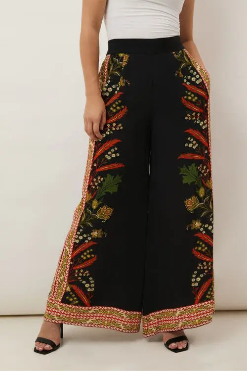 RAISHMA Reyna Wide-leg Trousers With Floral Embroidery - Botanical