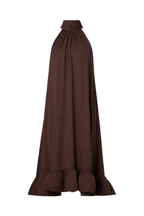 MALINA Sabrina Halterneck Ruffled Midi Dress - Chocolate